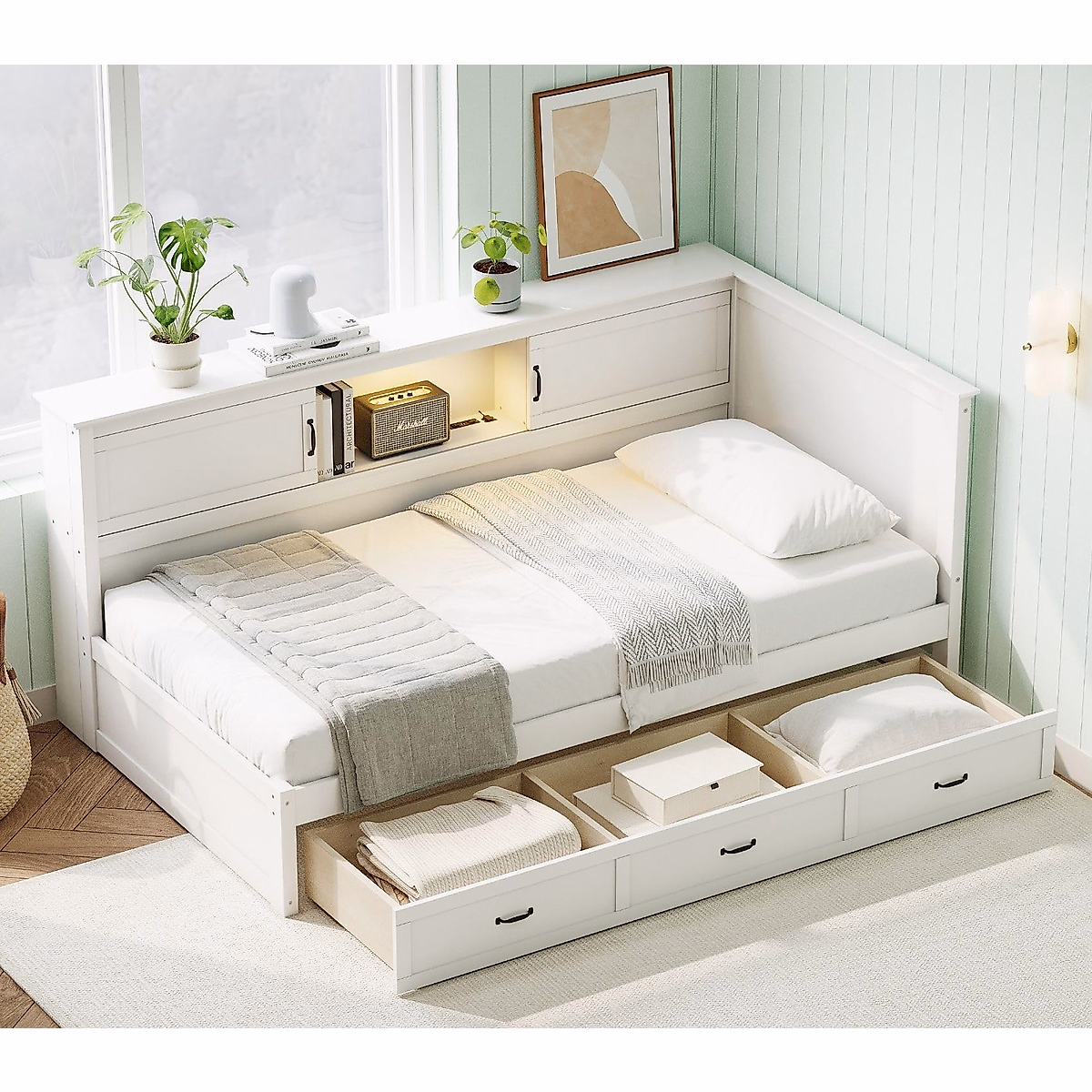 Merax Twin Size Corner Bed Frames with Storage Drawers and USB Port & Led Downlight Headboard, Wooden L-Shaped Captain Daybed for Small Room, Bedroom, Guest Room, Kids' Room, White