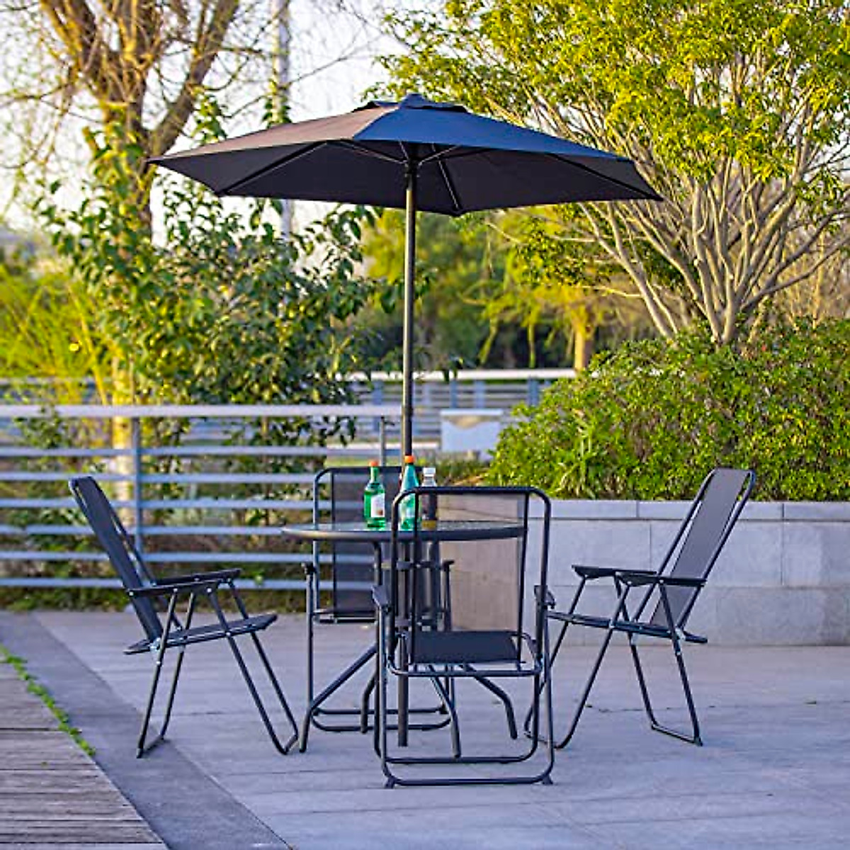 ALLINLIFE 6 PCS Outdoor Patio Furniture Set with Umbrella 4 Folding Chairs & Glass Table Garden Patio Table and Chairs Dining Set for Bistro,Deck,Black (Round Table Set)