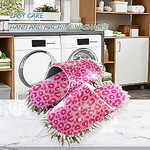 Kigai Microfiber Cleaning Slippers Bright Pink Laopard Washable Mop Shoes Slipper for Men/Women House Floor Dust Cleaner, Size M