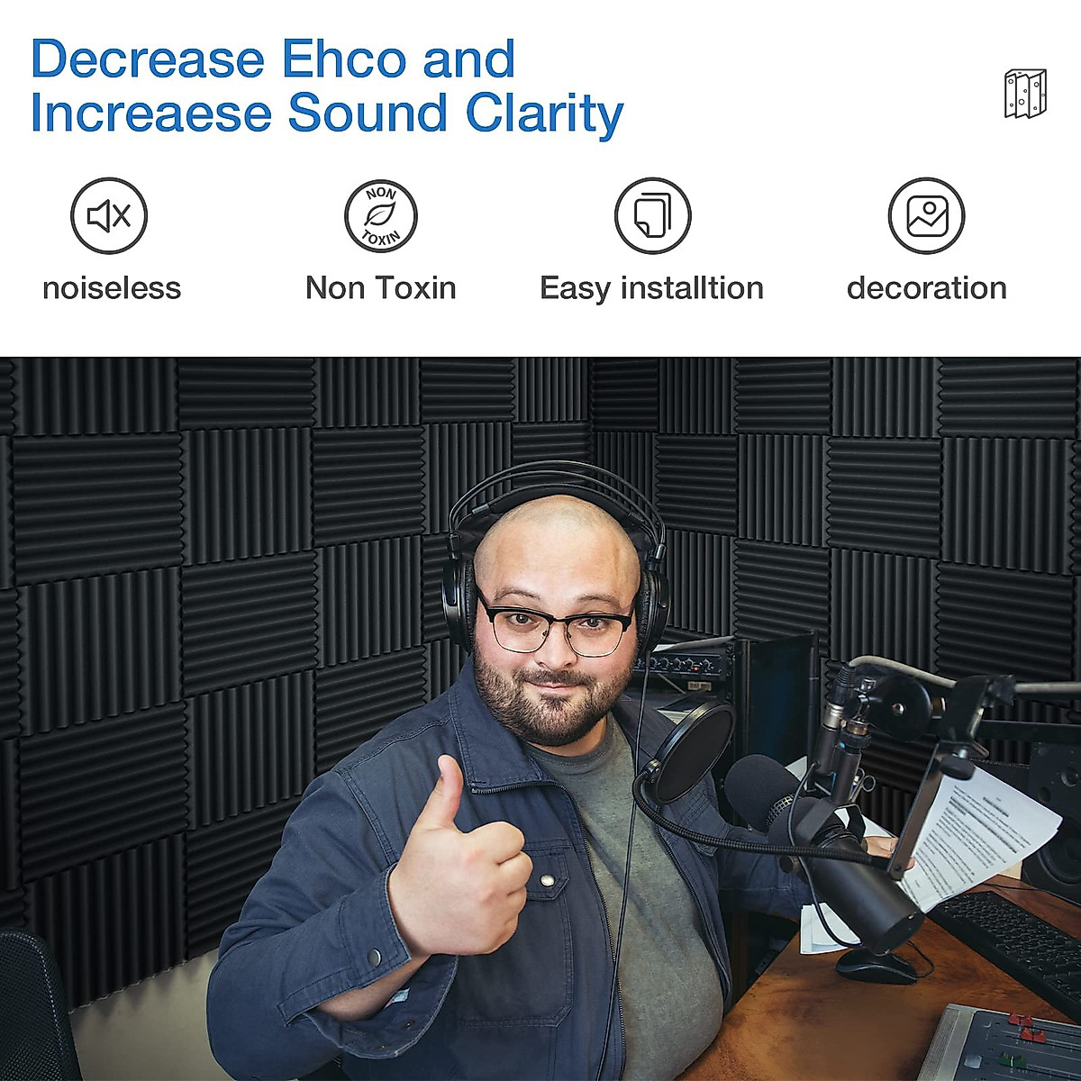 12 Pack Acoustic Panels Self-Adhesive, 1" X 12" X 12" Quick-Recovery Sound Proof Foam Panels, Acoustic Foam Wedges High Density, Soundproof Wall Panels for Home Studio,Carbon Black