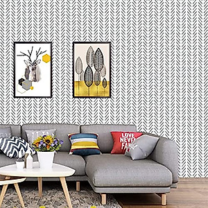 Orainege Black and White Peel and Stick Wallpaper Herringbone Contact Paper for Bathroom 17.7inch x 118.1inch Black Chevron Removable Wall Paper Peel and Stick Modern Geometric Self Adhesive Wallpaper