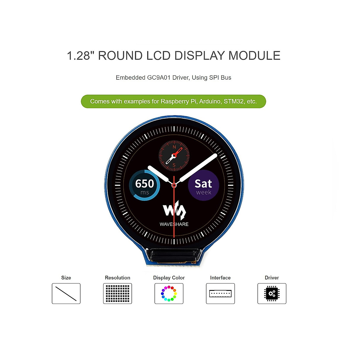 1.28inch Round LCD Display Module 240×240 Resolution 65K RGB LCD HAT for Raspberry Pi 4B/3B+/3B/2B/Zero/Zero W/Zero WH, Jetson Nano,Arduino, STM32,Embedded GC9A01 Driver, SPI Interface