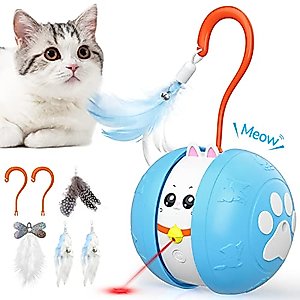 Vepnanline Cat Toys for Indoor Cats Automatic Interactive Cat Laser Toy Rechargeable Cat Ball Toys with Feathers(Blue)