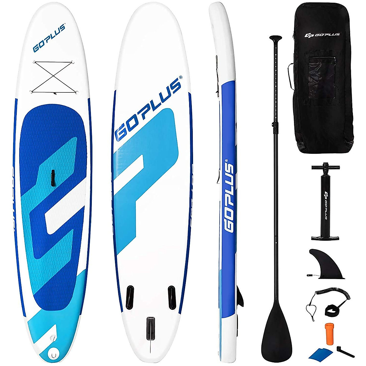 Goplus Inflatable Stand Up Paddle Board, 6” Thick SUP with Accessory Pack, Adjustable Paddle, Carry Bag, Bottom Fin, Hand Pump, Non-Slip Deck, Leash, Repair Kit (Blue, 10FT)