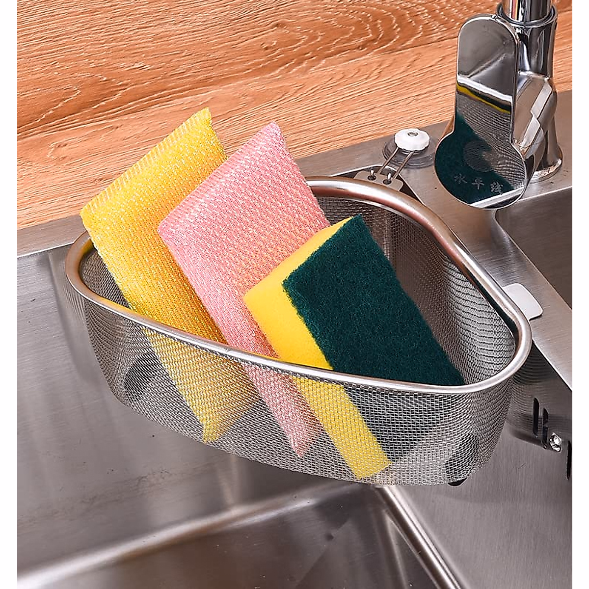 Stainless Steel sink drain basket, Kitchen Food Waste Leftovers Food Catcher Garbage, Corner Kitchen Sink Strainer Basket for Draining Residuum, Drip Drying Sponge (1Pcs)