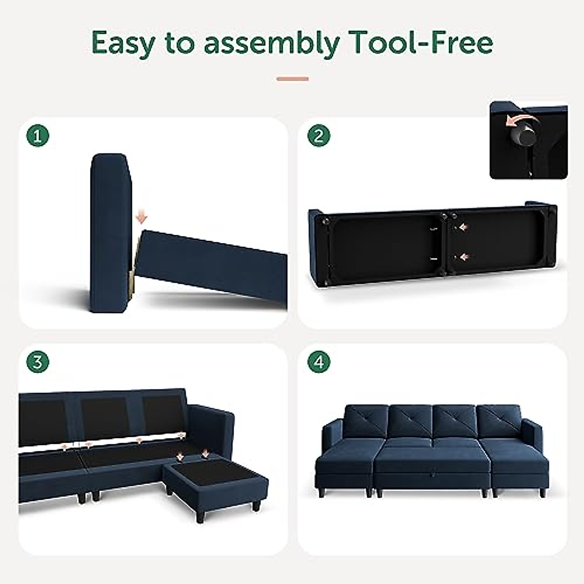 HONBAY Sleeper Sectional Sofa Set Velvet U Shaped Couch with Storage Ottoman 4-Seat Sectional Sofa Set for Living Room, Dark Blue
