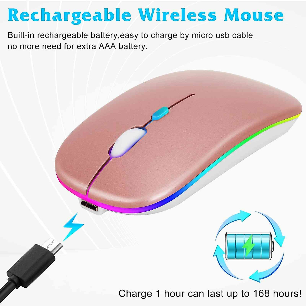 UrbanX Bluetooth Rechargeable Mouse for ASUS TUF Gaming Laptop Bluetooth Wireless Mouse Designed for Laptop/PC/Mac/iPad pro/Computer/Tablet/RGB LED Rose Gold
