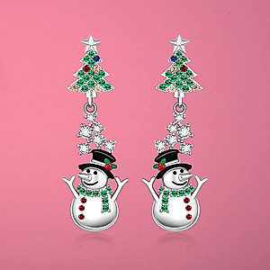 Christmas Tree Snowman Earrings for Women Sterling Silver Tree with Star Holiday Dangle Drop Earrings Winter Colorful CZ Xmas Gift