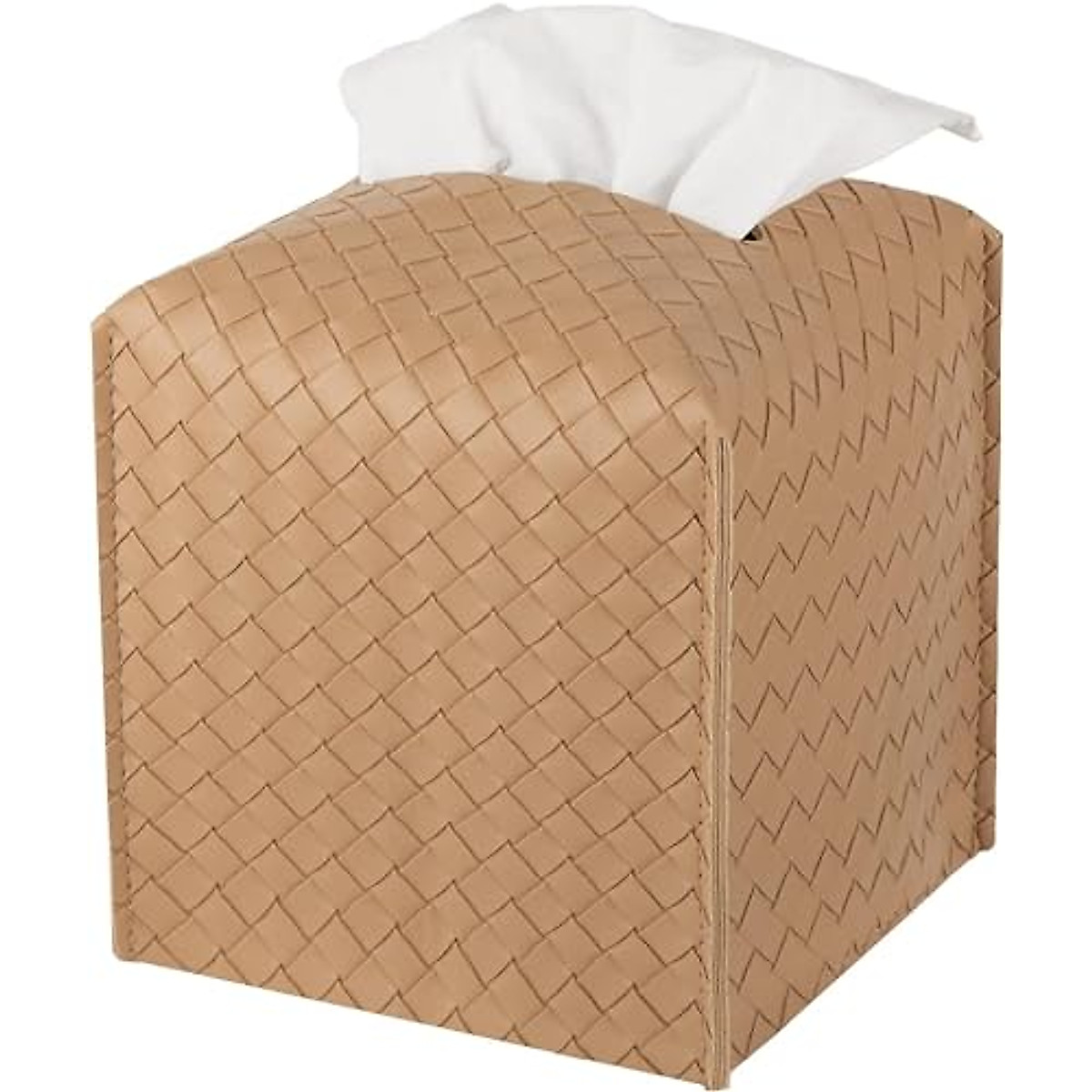 Tissue Box Cover, Jeethemy, Square Tissue Box Holder for Black PU Leather with Braided Pattern, Portable and Foldable, Can Be Used Both at Home and Outdoors,Single Soft Camel
