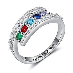 JewelOra Personalized Family Mothers Rings with 5 Simulated Birthstones Customized Name Rings for Women Engraved Name Anniversary Rings for Grandma(5 Stones,9)