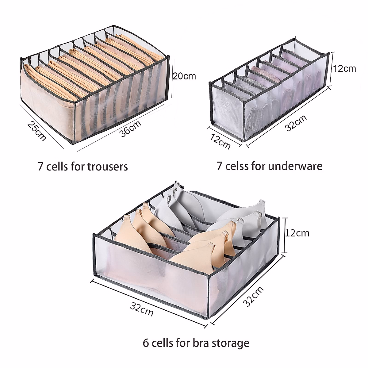 JIESMAERT Wardrobe Clothes Organizer Large Mesh Clothes Storage Containers Foldable Closet Organizer Bins, Visible Grid Storage Box for Bra, Underwear, Socks, Skirts, T-shirts, Jeans Pack of 3