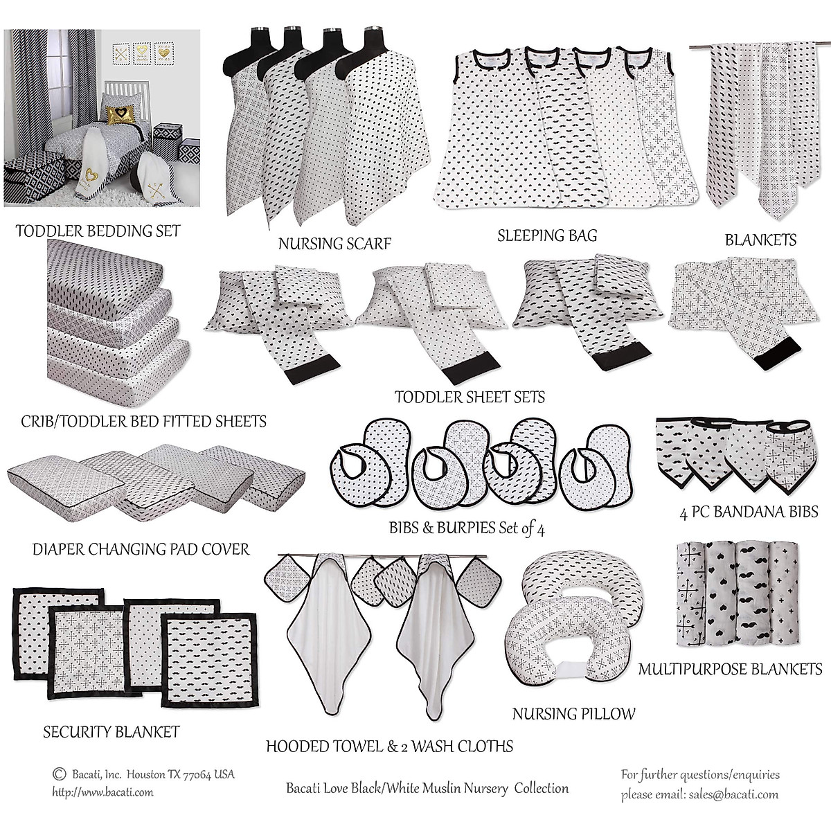 Bacati Love Muslin 3pc Crib Set with 4 Muslin Layers Lux Dream Blanket (Mustache/Plus/Cross, Black)