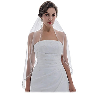 SAMKY 1T 1 Tier Offset Flower Vine Edge Crystal Pearl Veil - Light Ivory Fingertip Length 36" V503