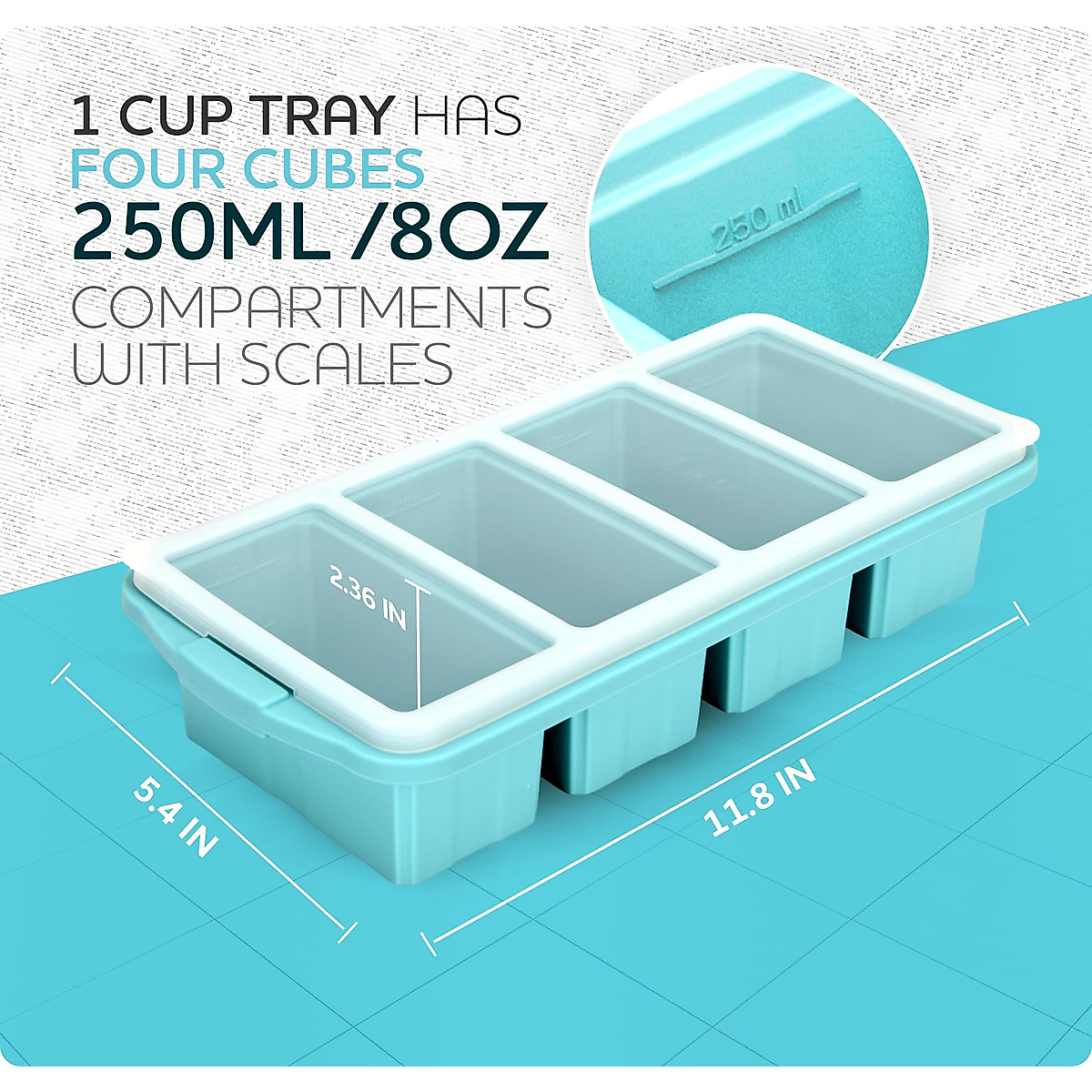 XOMOO Silicone Freezer Tray With Lid - Soup Freezer Container molds - Large Ice Cube Tray- makes 8 perfect 1 cup portions cubes, 2-Pack Freezer Storage Food Soups & Meal Prep - Oven & Dishwasher -Safe