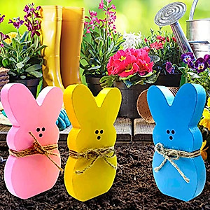 Easter Bunny Decor, 3 Pcs Easter Decorations for the Home, Decorative Wooden Easter Rabbit Peeps Wooden Signs for Tiered Tray