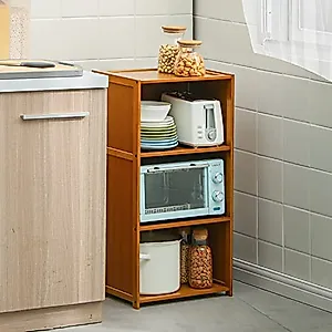 MoNiBloom Bamboo 3 Tier Narrow Bookshelf Freestanding Display Storage Shelves Cabinet Furniture for Bedroom Living Room Kitchen, Brown