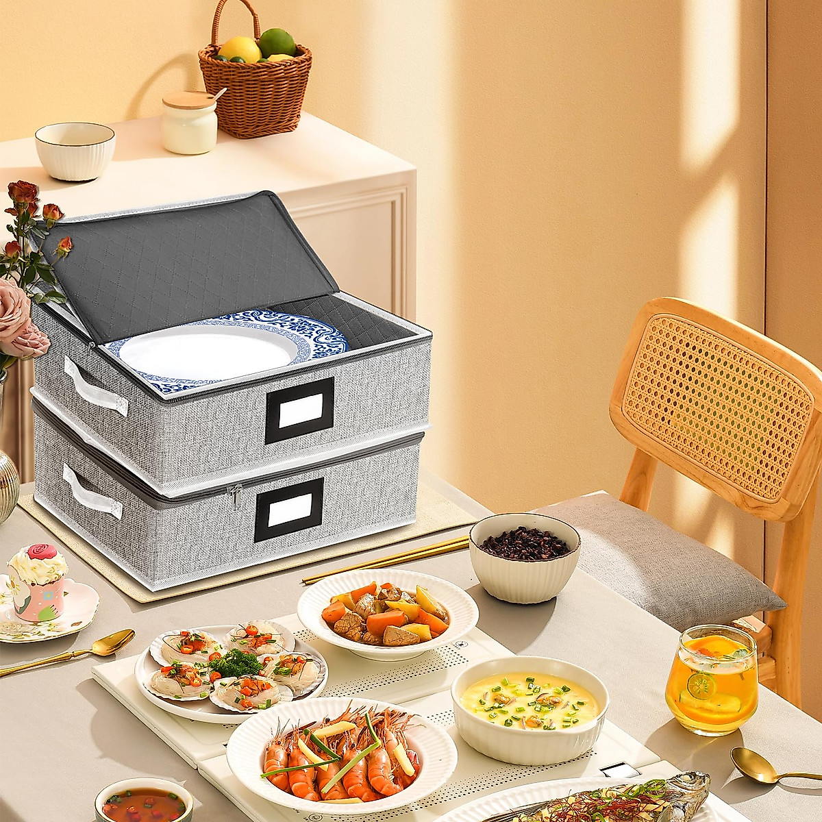 homyfort Platter Storage Case Box, China Storage Containers Hard Shell, 5 Felt Dividers Included, Structured Top and Stackable Platter Storage Containers (Grey)