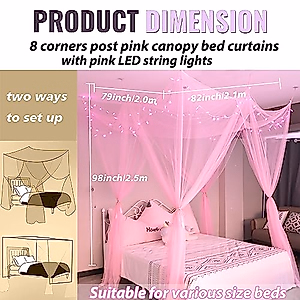 Pink Bed Canopy with Lights for Girls, 8 Corners Post Canopy Bed Curtain with Pink LED Star Lights Remote Control for Girls Bedroom, Hanging Princess Canopy for Twin Full Queen King Bed