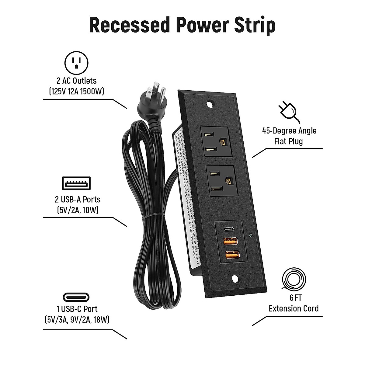 18W USB C Recessed Power Strip,Mountable Desk Outlet with 2 Outlets 3 USB Ports,Desktop Charging Station for Furniture Nightstand Side Table End Table,ETL Listed,White