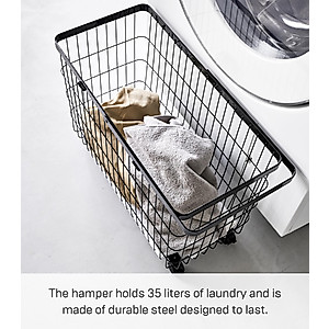 YAMAZAKI Home Small Rolling Laundry Basket Metal Hamper Cart with Wheels and Handle | Steel, One Size, Black