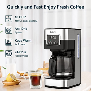 Gardcare 10-Cup Coffee Maker with Smart Touch Screen, 24-hour Programmable Coffee Machine, Stainless Steel Glass Carafe Pot with Brew Strength Control, Automatic Anti-Drip System, Black
