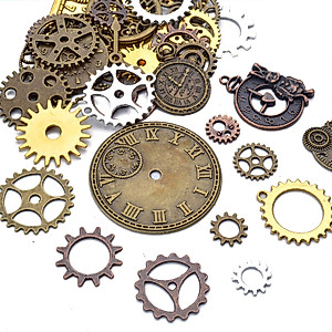 Aylifu 100g(30-40PCS) Mixed Color Alloy Steampunk Gears Charms Clock Face Charms Gears Cogs Charms Pedants Jewelry Findings for Crafting DIY Jewelry Making Accessory