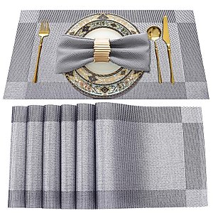Uolr Table Mats Set of 6 Grey Washable& Wipeable Plastic Placemats for Kitchen Indoor Outdoor Heat Resistant Non Slip Woven Vinyl Table Placemats Protect Dining Table Silver Place mats (Grey)