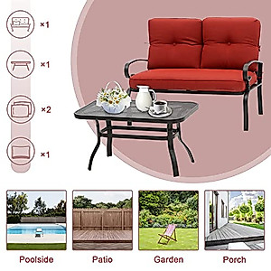 Incbruce Patio Loveseat with Coffee Table - Outdoor Bench with Cushion,2 Piece Wrought Iron Outdoor Loveseat Metal Frame Porch Furniture Set Bench for Patio, Poolside, Garden (Red)