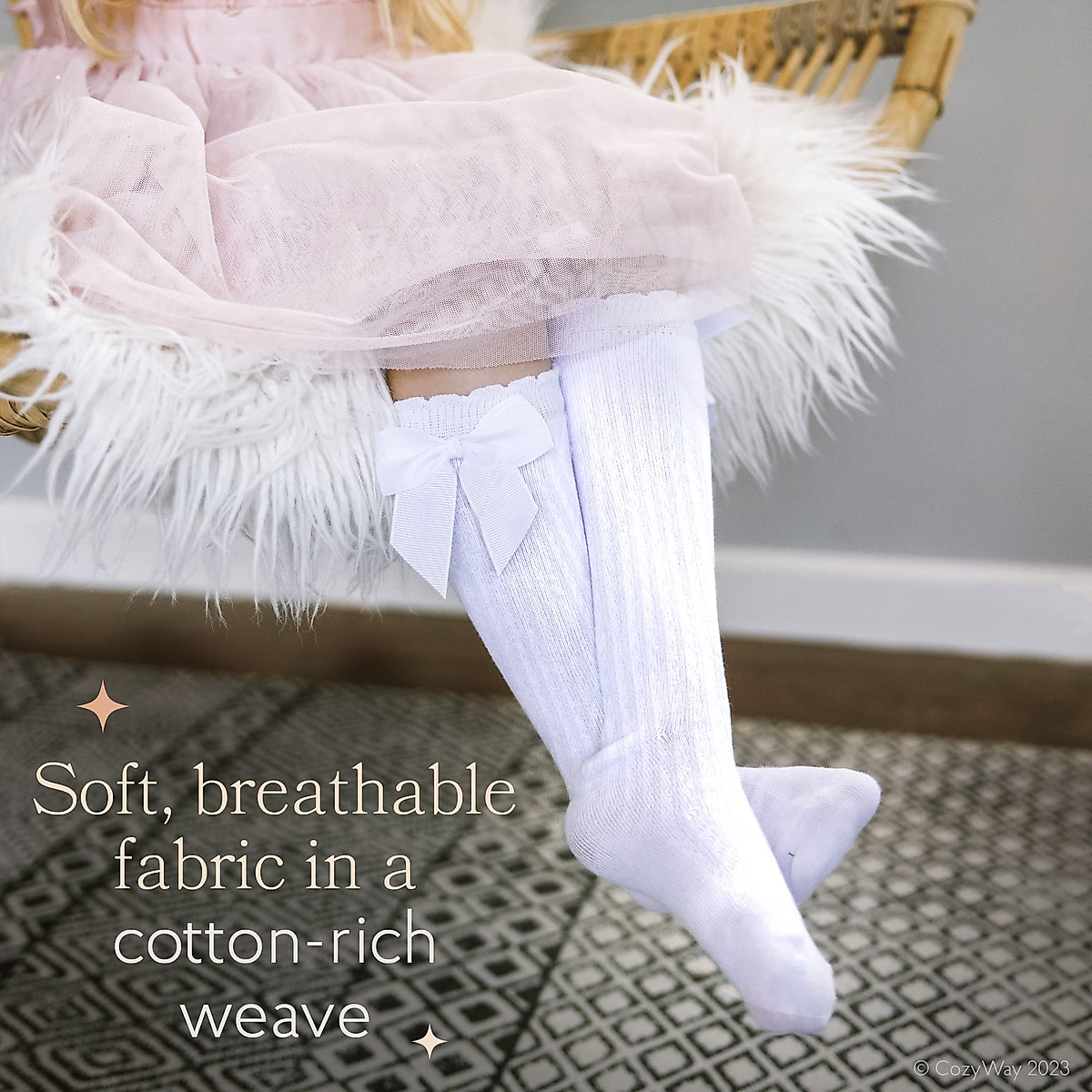 CozyWay Baby & Toddler Knee High Bow Socks, 6 Pack for Girls, Pastel Colors, 0-9 Months Old