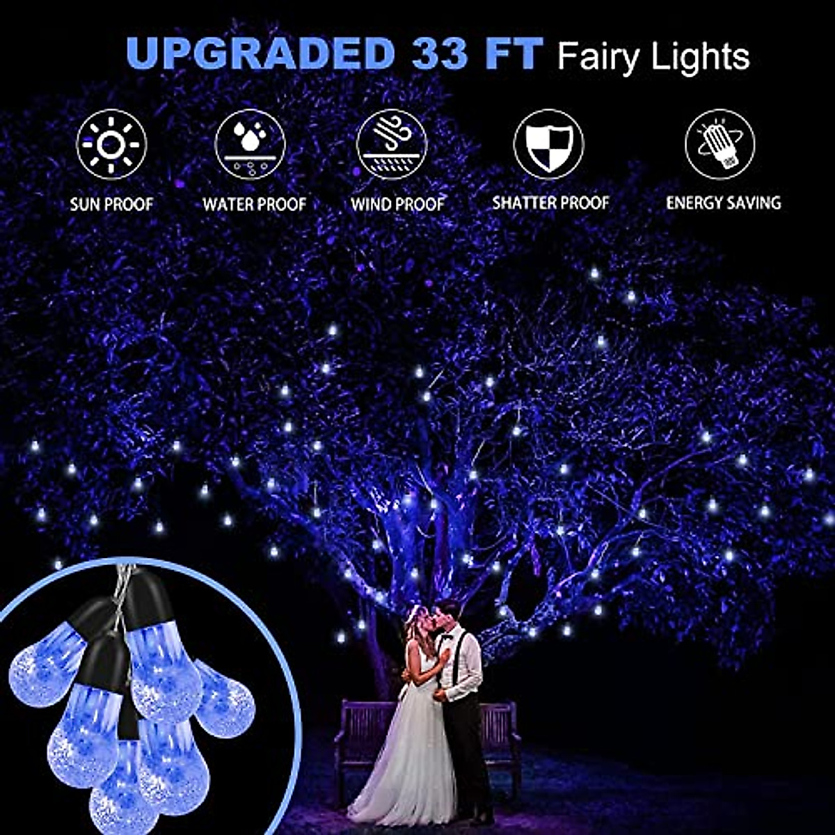 Solar String Lights 39.4FT 50LED Super Bright Solar Outdoor Lights Waterproof 8Modes Decorative Patio Lights Solar Powered for Outside Garden Camping Yard Porch Wedding Party Halloween Christmas-Blue