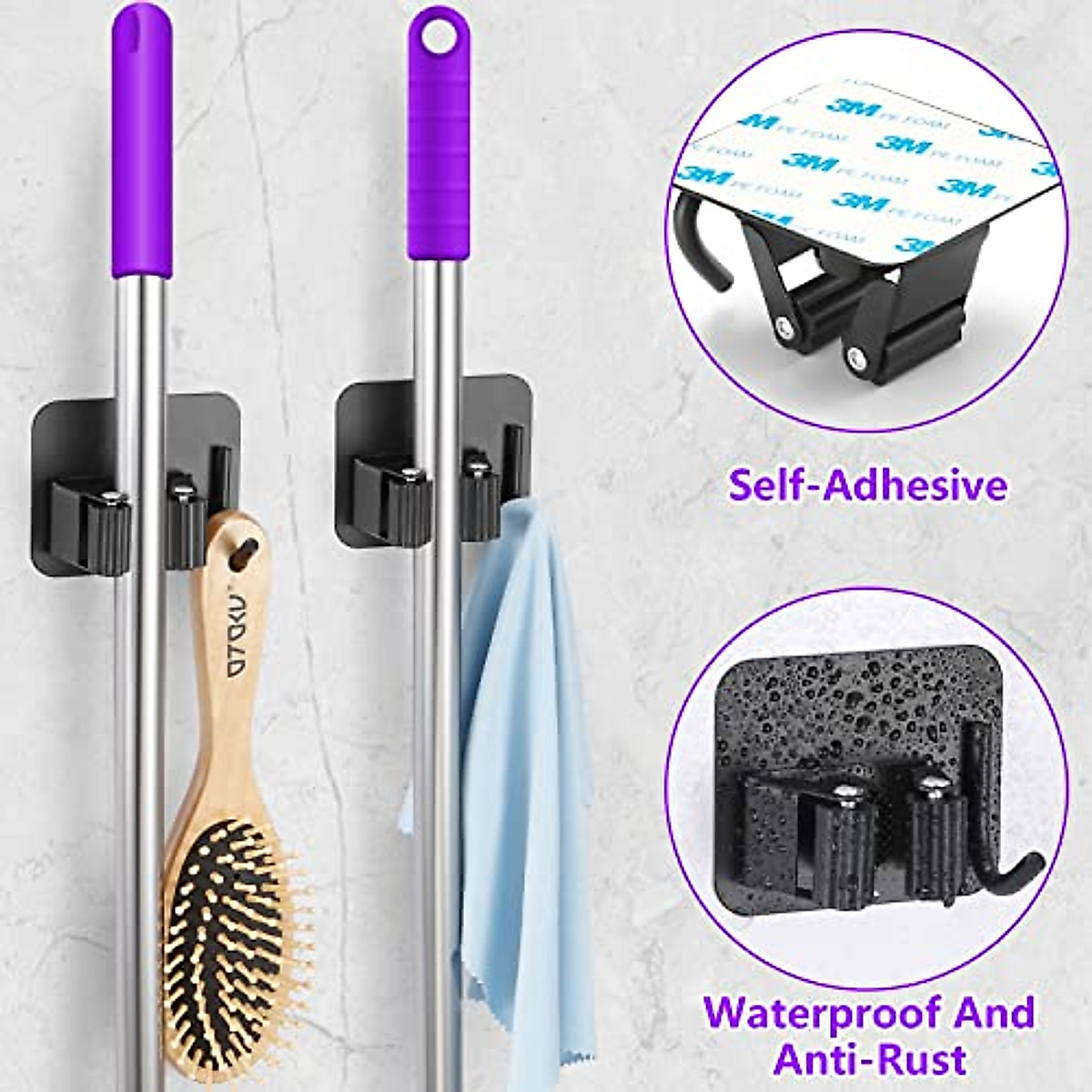 Broom Holder Wall Mount Self Adhesive, Sturdy Heavy Duty Stainless Steel Mop Gripper Rack Perforated Free, Perfect for Laundry Room Organizer, Fit with Laundry Kitchen Garage Garden Storage System