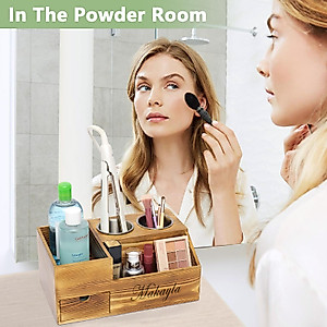 Makayla Hair Tool Organizer, Wooden Hair Dryer Holder Wall Mount, Bathroom Countertop Blow Dryer Organizer, Vanity Storage Stand for Accessories, Makeup, Toiletries (Pine)