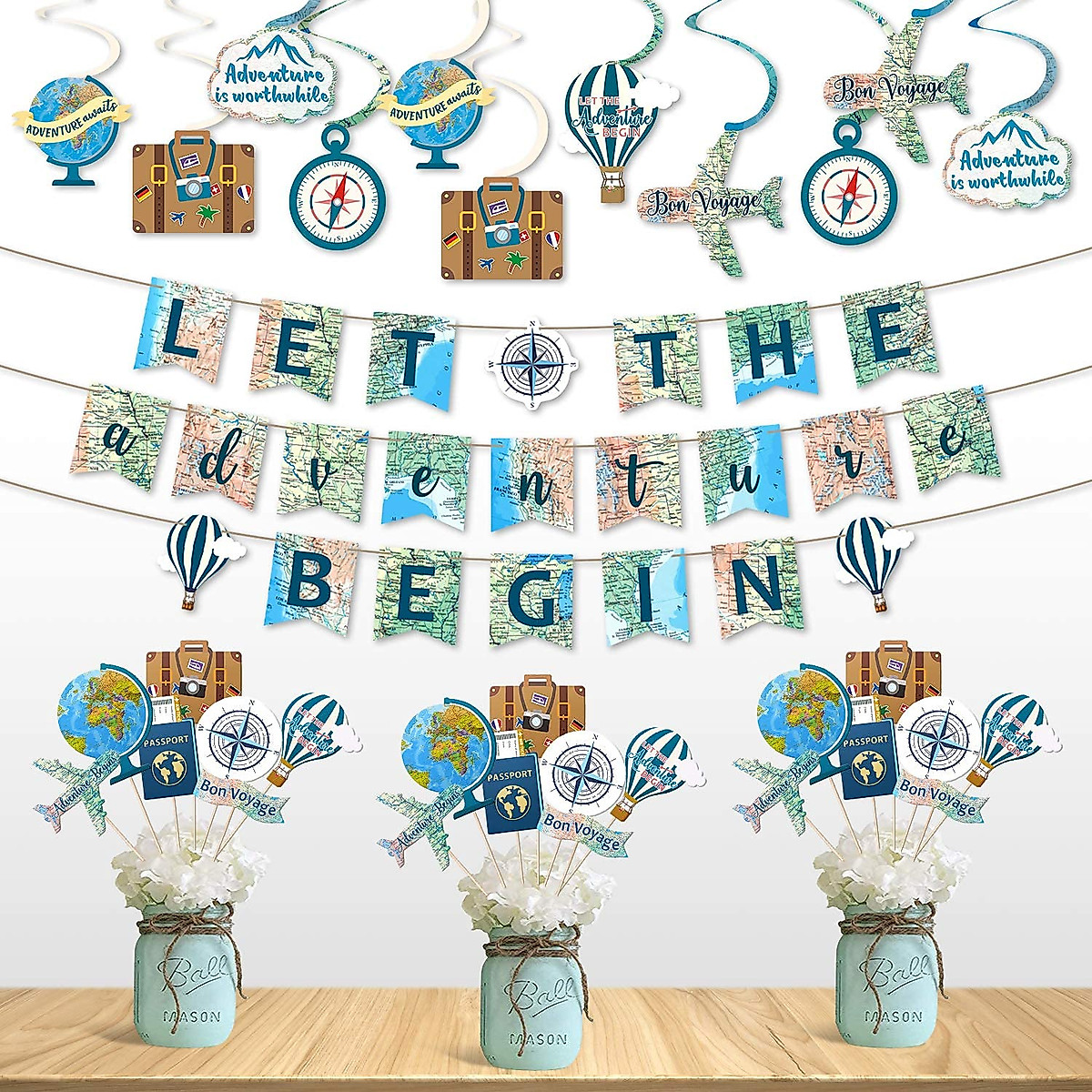 52 PCS Travel Themed Party Decorations Set Let the Adventure Begin Banner Centerpieces Sticks Hanging Swirls for Bon Voyage Retirement Farewell Party World Awaits Birthday Baby Shower Decor Supplie