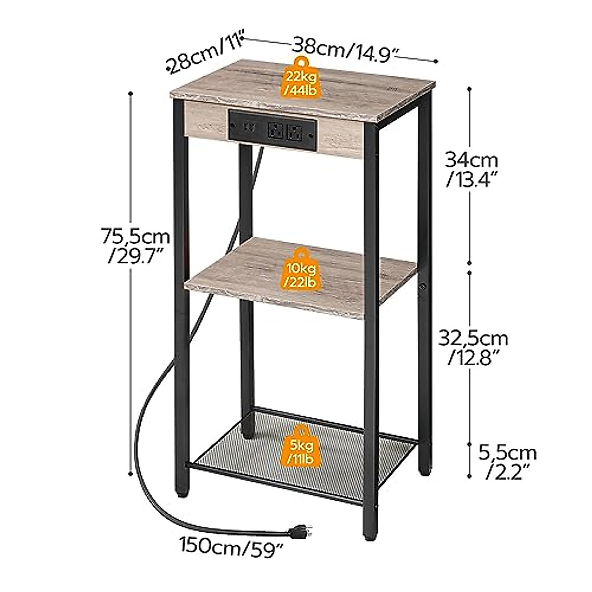 HOOBRO Tall End Table with Charging Station and USB Ports, 3-Tier Telephone Table, Small Entryway Table, Narrow Nightstand for Small Space in Living Room, Bedroom, Hallway, Rustic Brown BG09UDH01