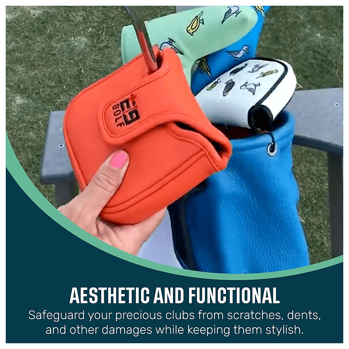 e9 golf Fore The Birds Square Putter Covers, Synthetic Leather Cover Waterproof Resistant, Golf Accessories for Men and Women, Universal Fit Putter Covers with 4 Color Options