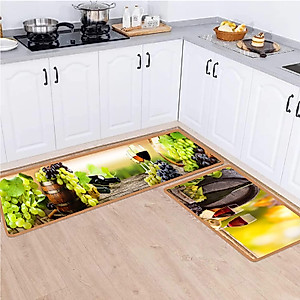 Kitchen Rug Set , Grape Fruit Wine Glass 2 Piece Non-Slip Kitchen Floor Mat Rubber Back Rustic Wooden Board, Water Absorption Soft Indoor Bathroom Doormat Runner Rug Carpet Set (17.7"x28"+17.7"x47")