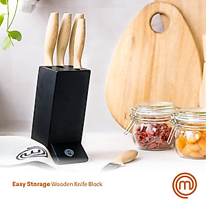 MasterChef Knife Block Set of Kitchen Knives, 5pc Stainless Steel Cooking Knife Collection incl. Paring, Carving, Bread, Santoku & Chef Knife with Soft Touch Wood Look Handles in a Matte Black Holder