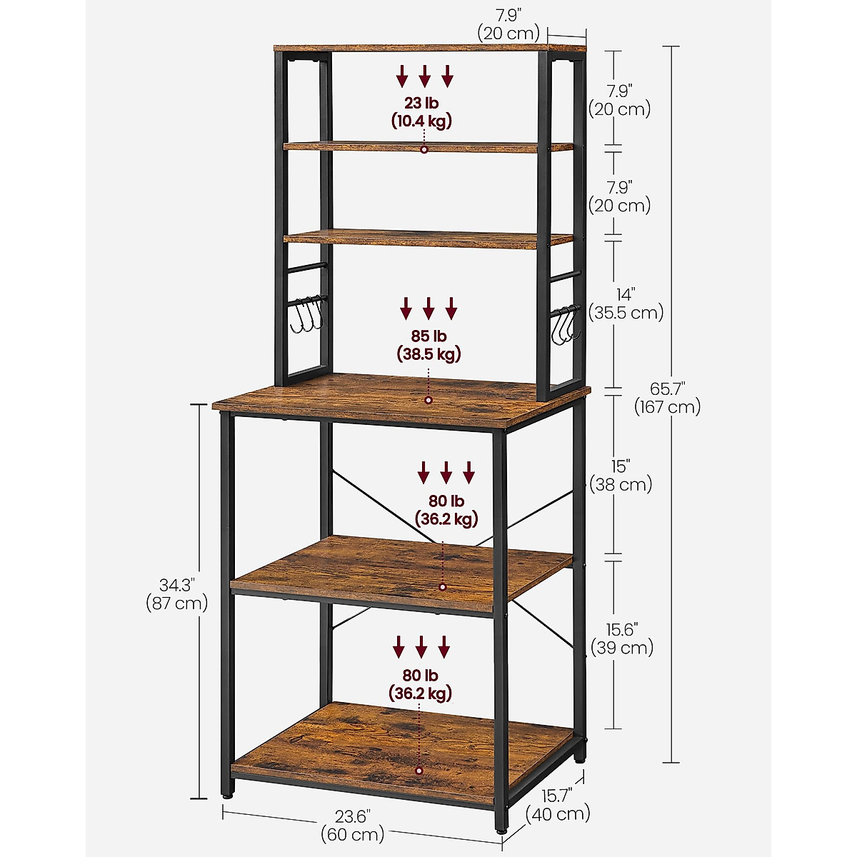 VASAGLE Coffee Bar, Baker’s Rack for Kitchen with Storage, 6-Tier Kitchen Shelves with 6 Hooks, Microwave Stand, Industrial, 15.7 x 23.6 x 65.7 Inches, Rustic Brown and Black UKKS024B01