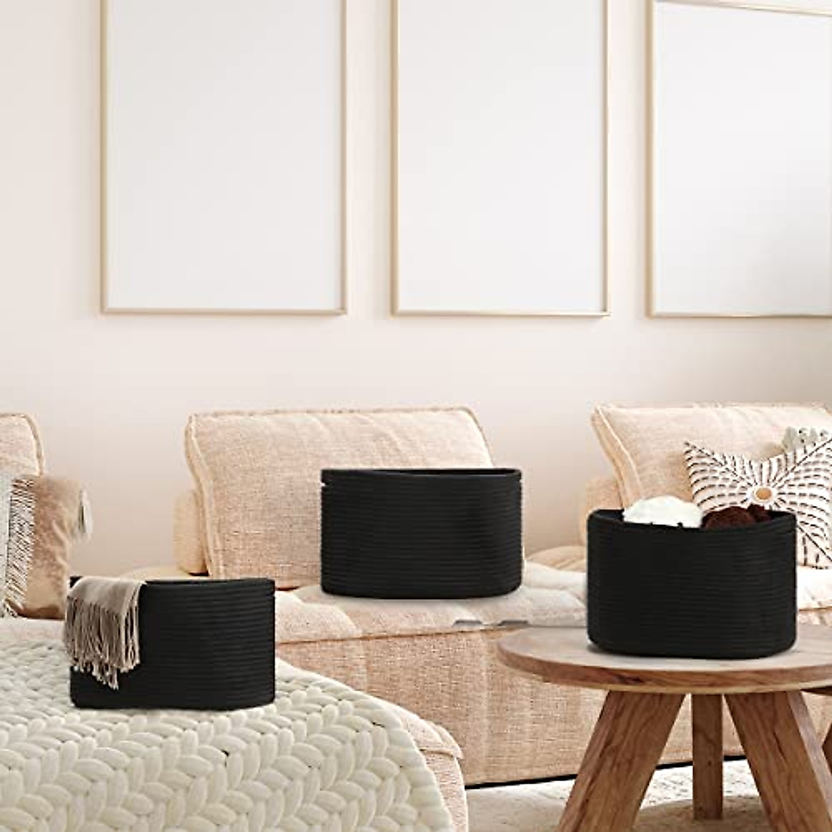 CASAVIDA Woven Baskets for Storage Set of 3, Cotton Rope Basket Storage Baskets for Organizing with Handles, Closet Soft Storage Baskets for Shelf Nursery Baby Laundry Bedroom Living Room