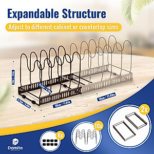 Damita Expandable Pot and Pan Organizer Rack for Cabinet, 2 Pack Pot Lid Holder with 10 Adjustable Compartments - Ideal Kitchen Cabinet Organizer for Cutting Board, Frying Pan, and More (Brown)