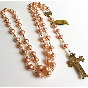 elegantmedical Pink 8mm Real Pearl BEADS St. Benedict GOLD ROSARY CROSS Necklace & box Catholic GIFTS