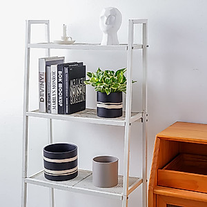 Nihow Modern Ceramic Plant Pot - 5 + 7 Inch Flower Pot for All Indoor Plants - Sturdy Planter Pots with Drainage Hole & Rubber Plugs - Semi-Matte Black & Nature - Plants Not Included