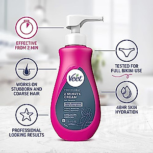 VEET Professional 2 Minute Hair Removal Cream For All Skin Types with Shea Butter | Effective Full Bikini Hair Removal, Pubic Hair Removal Gel | Dermatologically Tested | 13.5 FL OZ Bottle w/Spatula