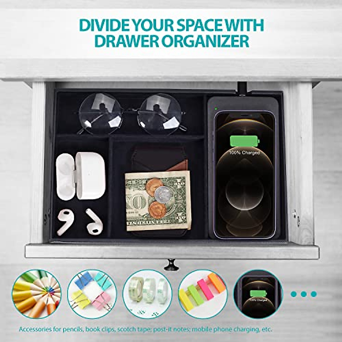 Valet Tray, Built in Wireless Charging Pad, Nightstand Organizer, Dresser Organizer, Mens Jewelry Box, Valet Charging Station, Faux Leather Valet Tray for Men and Women, (Black)