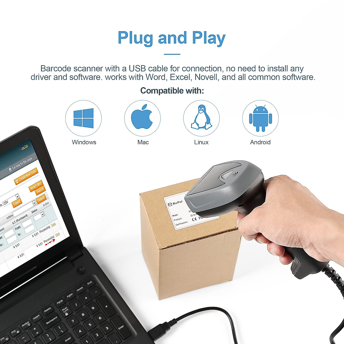 BizPal Wired 1D & 2D Barcode Scanner, Wide-Angle Lens Easy Coverage, Fast Scanning, Ergonomic Handle, Anti-Shock, Suitable for Store, Restaurant, Pharmacy, Clothing Industry, Plug and Play BSC-2000