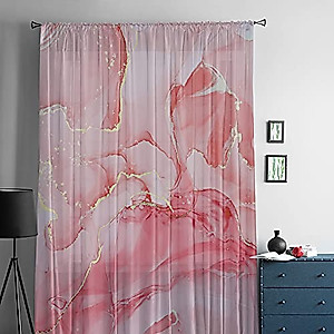 Chiffon Sheer Curtains & Drapes 84 Inch Long, Lightweight Breathable Voile Window Curtain Panels Pink Marble with Gold Glitter Splatter Curtains Backdrop Drapes for Bedroom Livingroom Wedding