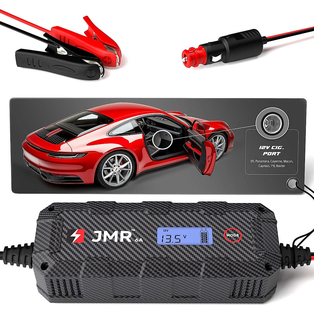 JMR Battery Charger for Porsche 911 Panamera Cayenne Macan Cayman 718 Boxter All Models Trickle Charger Conditioner Maintainer (No Lithium Mode)