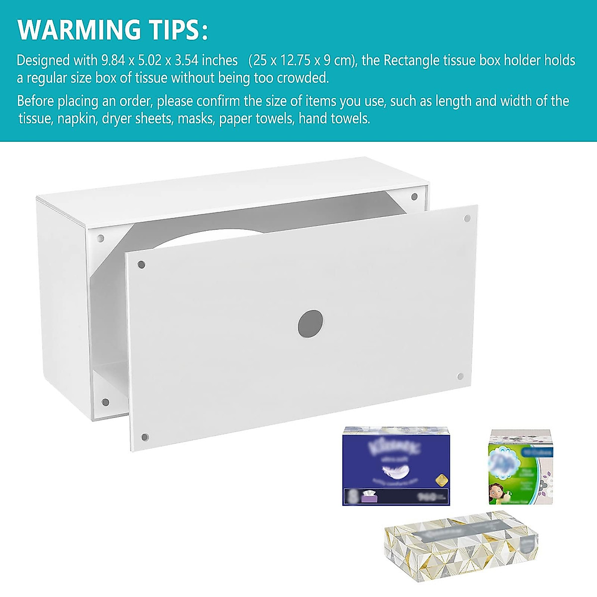 HBlife Acrylic Tissue Box Cover & Holder with Magnetic Bottom, Multi-Functional Dryer Sheet & Mask Organizer for Bathroom, Car, Office - White Rectangle, 9.84 x 5.02 x 3.54 Inches