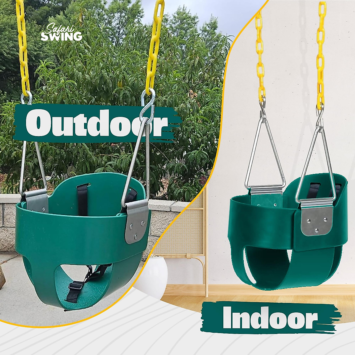 Toddler Bucket Swing Seat - Patent Pending & Exclusive Safety Harness - High Back Full Bucket Toddler Swing Seat w/Heavy-Duty Plastic-Coated Chains - Safari Products USA