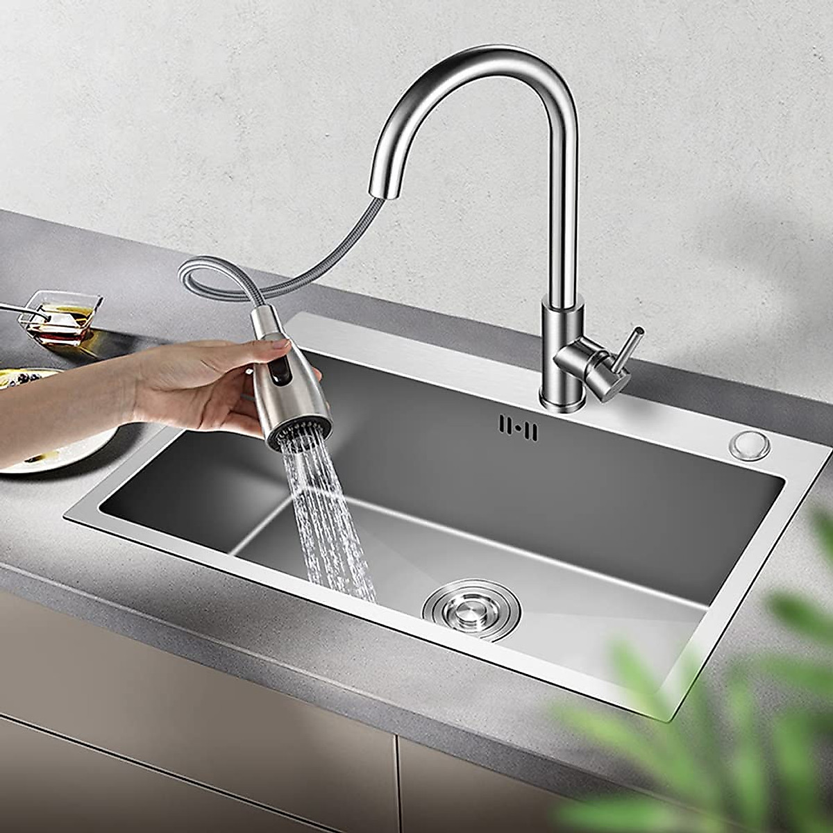 25" Drop-In or Undermount Single Bowl Kitchen Sink/Bar Sink with Pull-Down Faucet, Soap Dispenser, Drain Basket, Made of Stainless Steel (Steel)